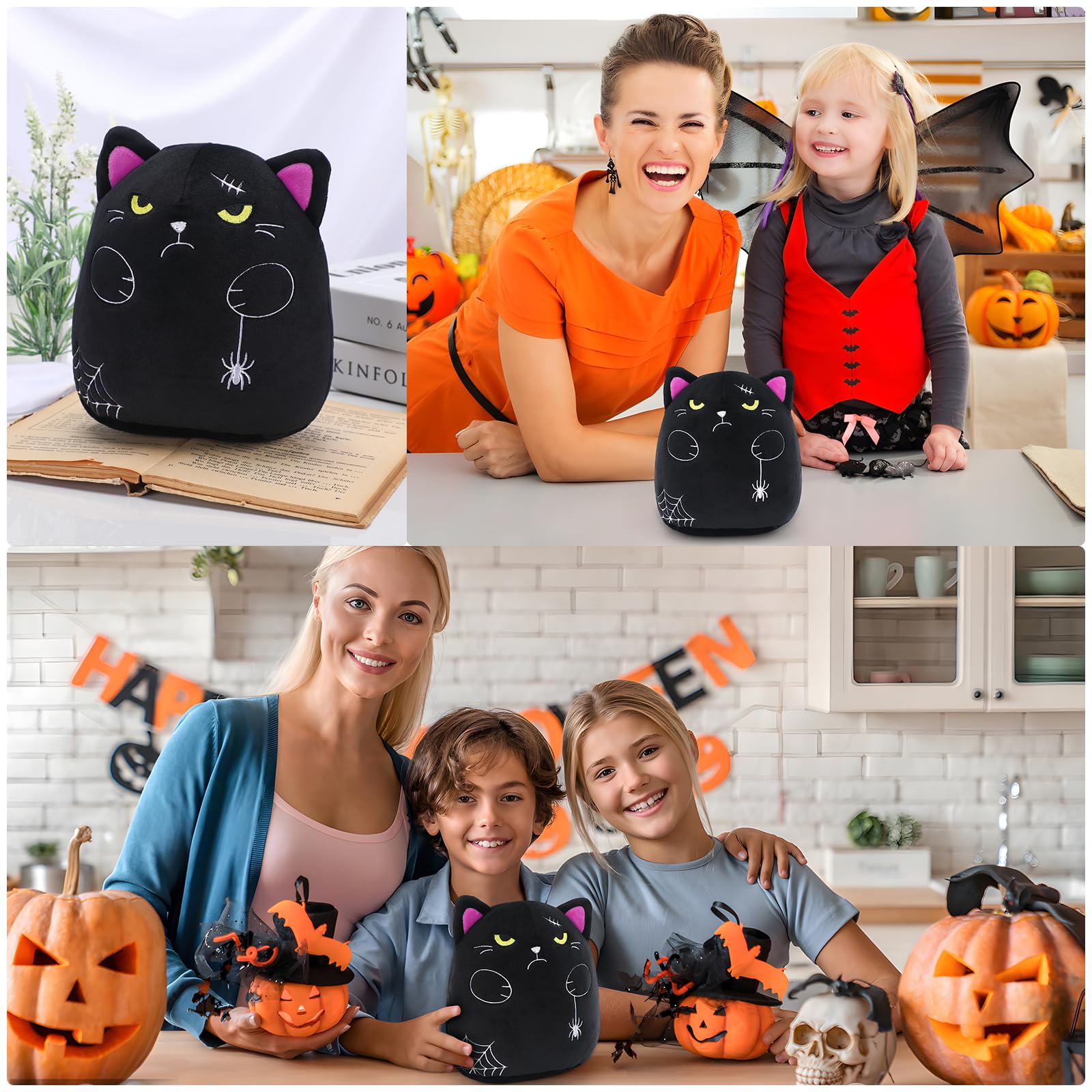 cheerdecor Black Cat Plush - 9" Halloween Cat Stuffed Animals Cool Cat Plush Pillow Soft Cat Plushie with Spider Toy Black Cat Plushies Gift Kids Creepy Cute Spider Black Cat Plush Pillow - Ebon