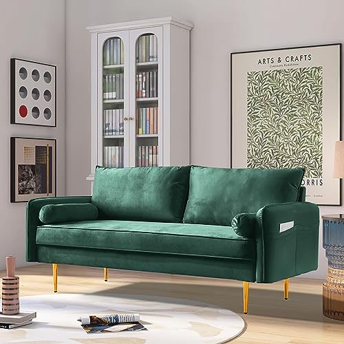 71" Velvet Sofa with Pocket Mid Century Modern Couch Futon Loveseat Sofá Chair Large Lounge Couch 3 Seater Couch for Dorm, Apartment,Room,Compact Living Space,Weight Capacity Up to 700 Lbs,Green