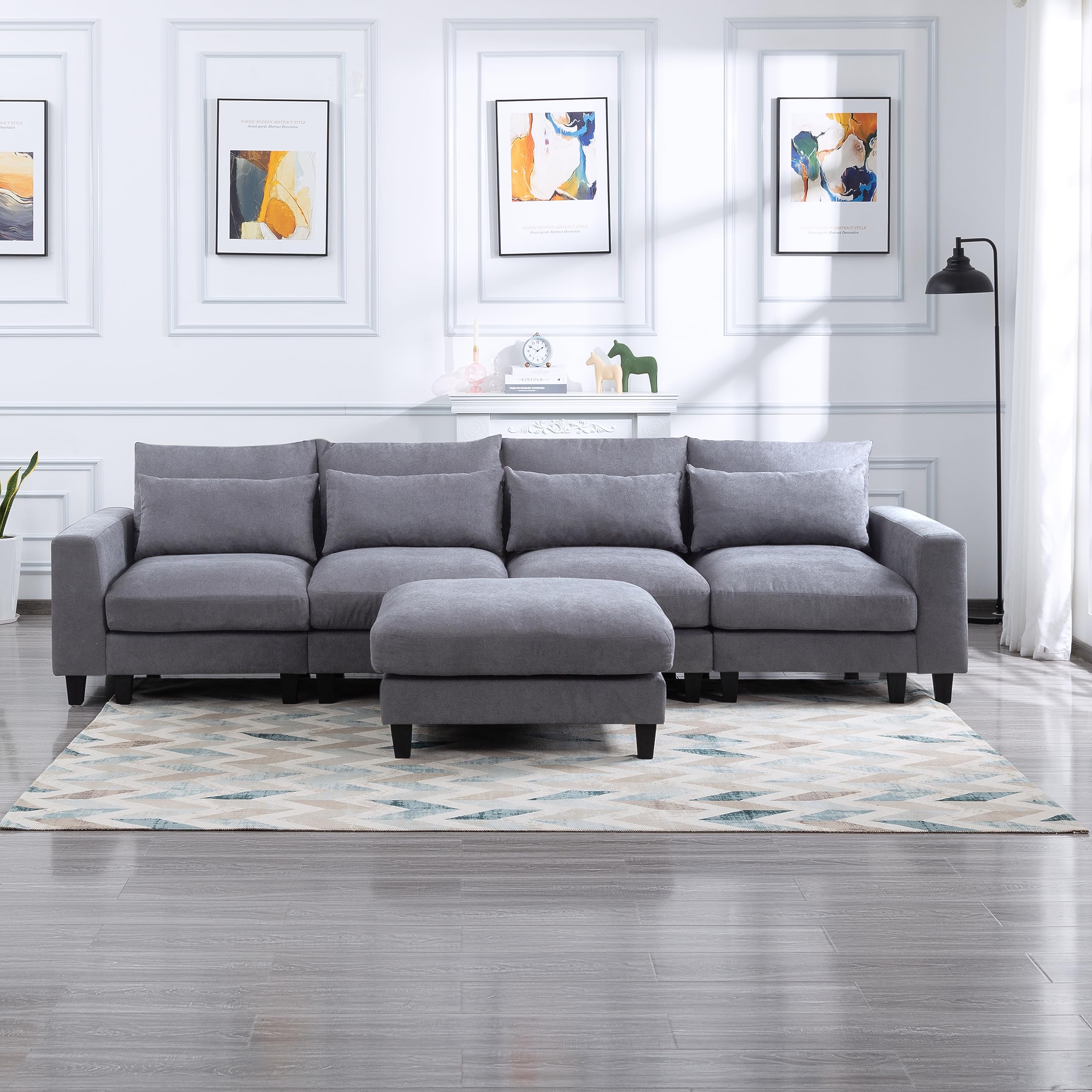 Lepfun Oversized Fabric Set, Extra Large L Shaped Reversible Chaise Sectional Couch, 124.4” Width, 4 Seat Modular Sofa with Storage Ottaman, Light Grey