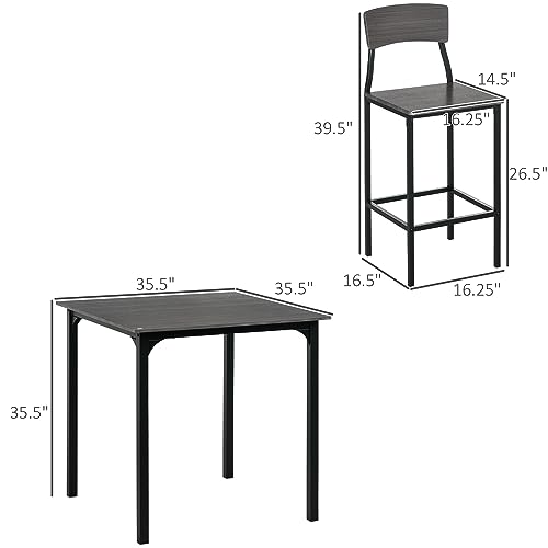 HOMCOM Counter Height Bar Table Set for 4, Square Kitchen Table and Chairs Set with Footrest, Metal Legs, Industrial Dinner Table Set for 4, Gray