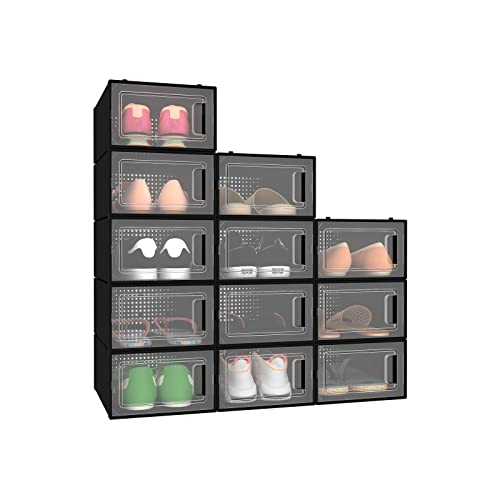 OTHZON 12 Pack Shoe Storage Box, Clear Plastic Stackable Shoe Organizer for Closet, Space Saving Foldable Shoe Sneaker Containers Bins Holders (Black) Great for Saving Closet Space GPJCFCDUS