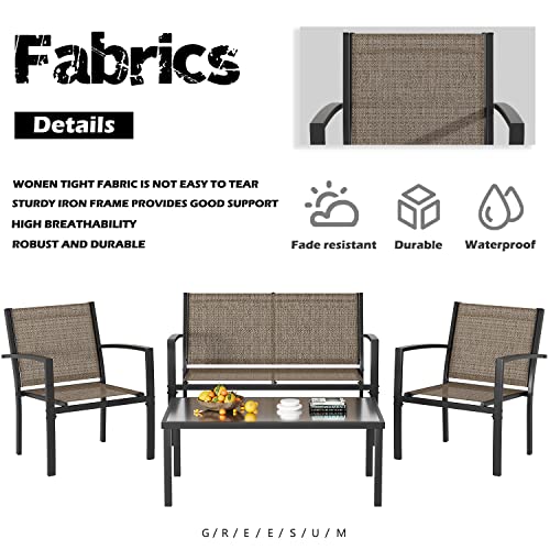 Greesum GS-LCT4PCSBN 4 Pieces Patio Furniture Set Outdoor Conversation Textilene Fabric Chairs for Lawn, Garden, Balcony, Poolside with A Glass Coffee Table, Brown