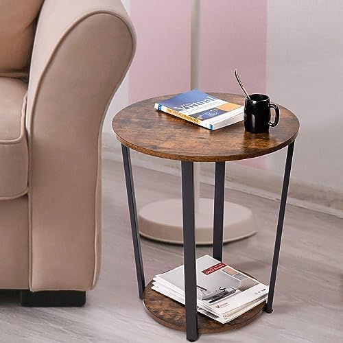 GOOD & GRACIOUS Round End Side Table with Storage Shelf for Living Room Sofa Couch End Tables with Sturdy Metal Frame Bedside Accent Table with Metal Frame for Small Spaces, Bedroom, Brown