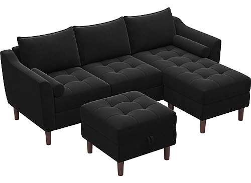 Belffin Black Velvet Fabric U Shaped Sectional Couch with Chaise Small Reversible Sectional Sofa Couch 4-Seater Sectional Sofa Sleeper with Storage Ottoman Foot Rest for Apartment