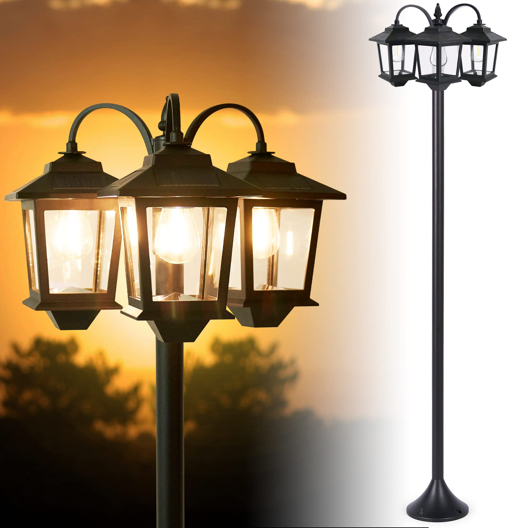 75"Solar Lamp Post Light, 70Lumen Solar Outdoor Lights Post Waterproof, Triple-Head Pole Lights Outdoor Floor Lamp Vintage for Patio, Backyard, Warm White Decorative Solar Light post, Replaceable Bulb