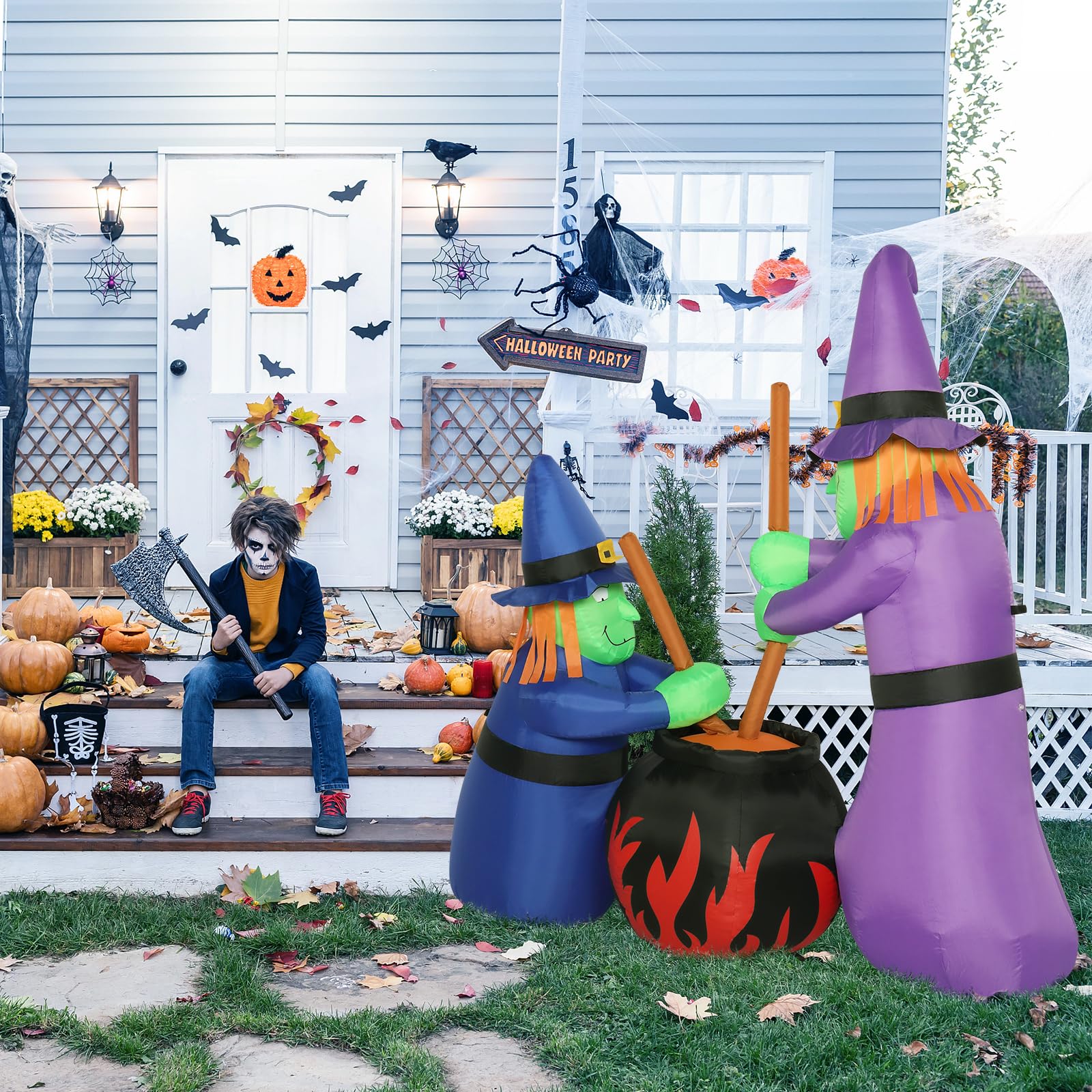6FT Garden 5pcs LED String Lights Two Witches with Pots Inflatable Halloween Decoration for Holiday/Party/Yard/Garden