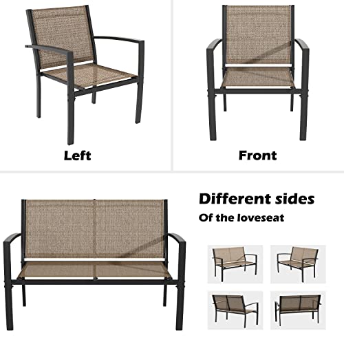 Greesum GS-LCT4PCSBN 4 Pieces Patio Furniture Set Outdoor Conversation Textilene Fabric Chairs for Lawn, Garden, Balcony, Poolside with A Glass Coffee Table, Brown