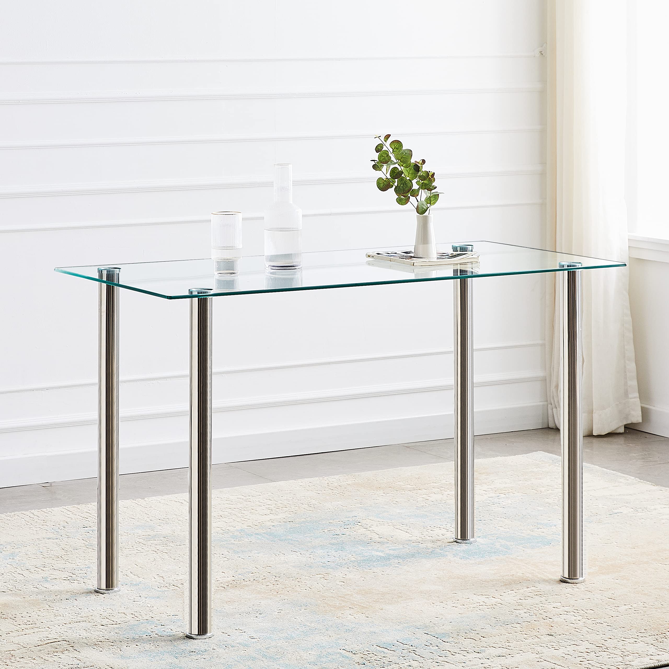 51.2" Clear Glass Dining Table for 4 People, Modern Rectangular Kitchen Table with Metal Legs