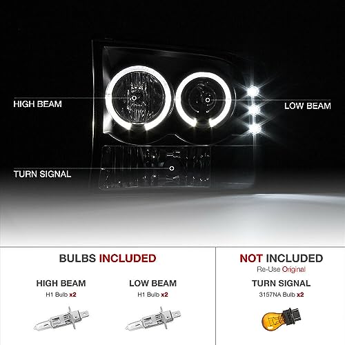 2pcs Headlight Halo Projectors Front Left Right Driver Passenger Side Smoked Lens Housing Smoke Halo Corner Headlights for Excursion for F450/F350/F250 SuperDuty FO2521141 FO2503183