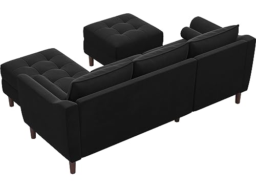 Belffin Black Velvet Fabric U Shaped Sectional Couch with Chaise Small Reversible Sectional Sofa Couch 4-Seater Sectional Sofa Sleeper with Storage Ottoman Foot Rest for Apartment