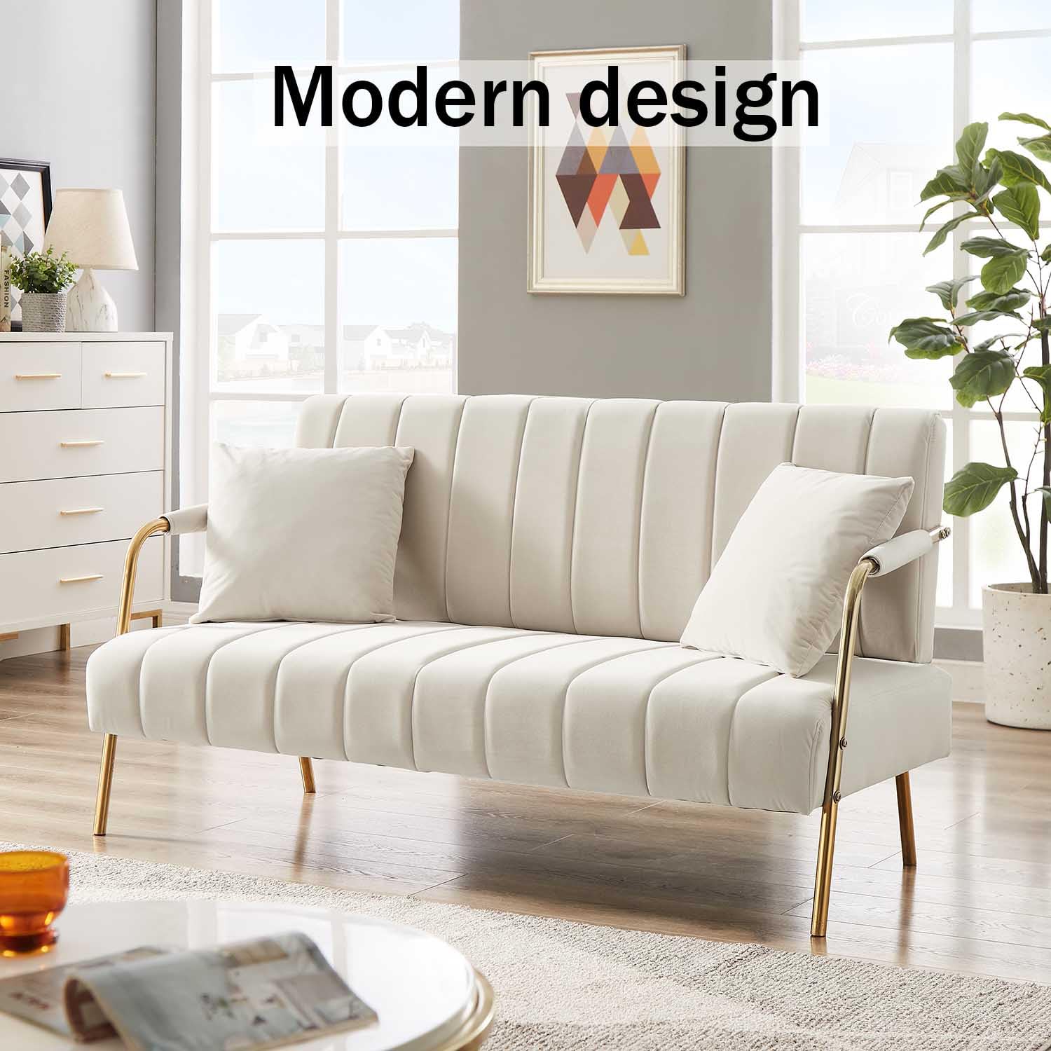 RIDFY Modern Upholstered Velvet Loveseat Sofa with 2 Pillows/Gold Metal Legs, 2 Seater Futon Sofa Couch, Cashmere Fabric Accent Mini Sofa, Living Seat for Small Spaces/Bedroom(Beige)