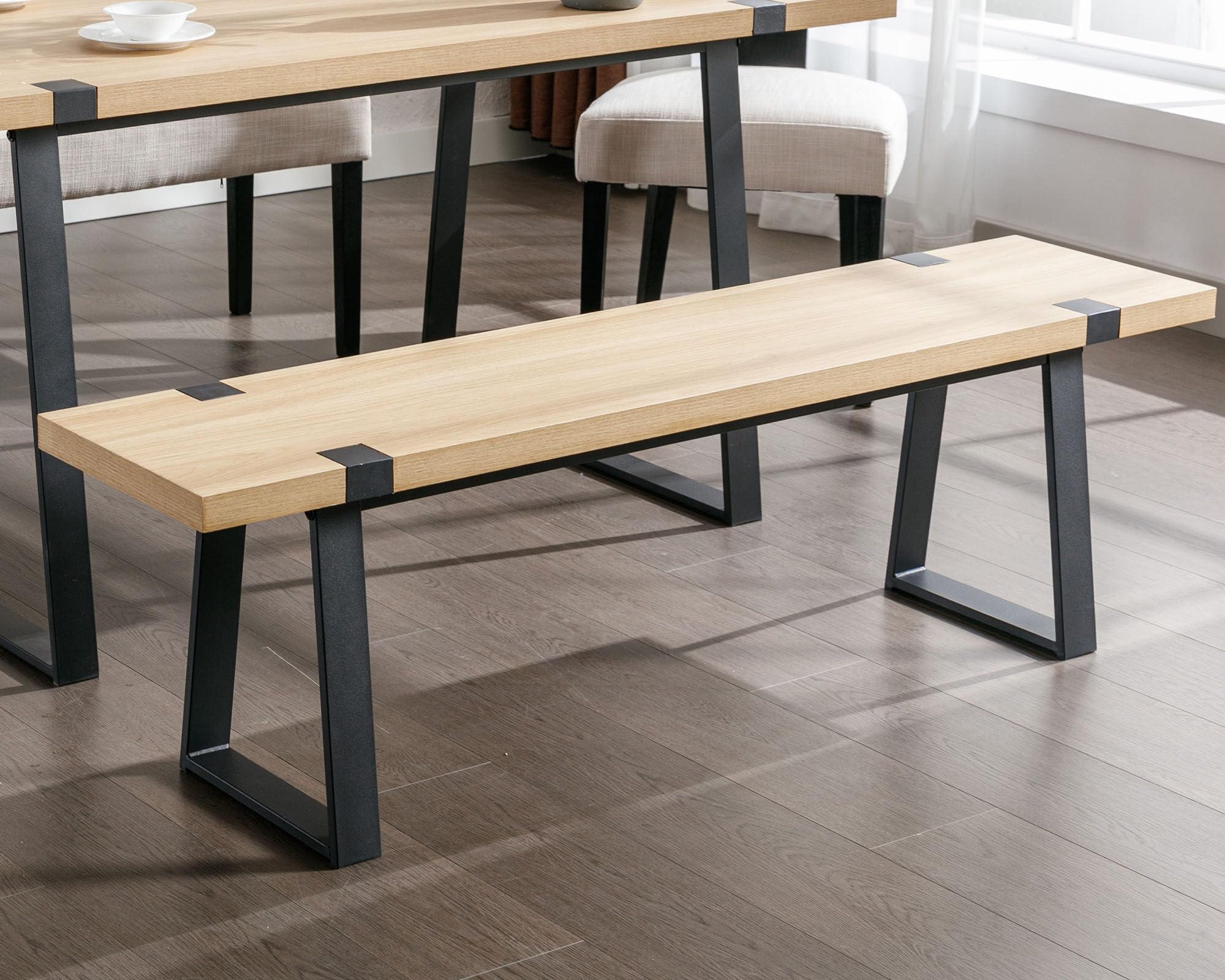 VESCASA 60" Wood Dining Bench with Black Metal Legs for Dining Room, Kitchen, Natural Oak