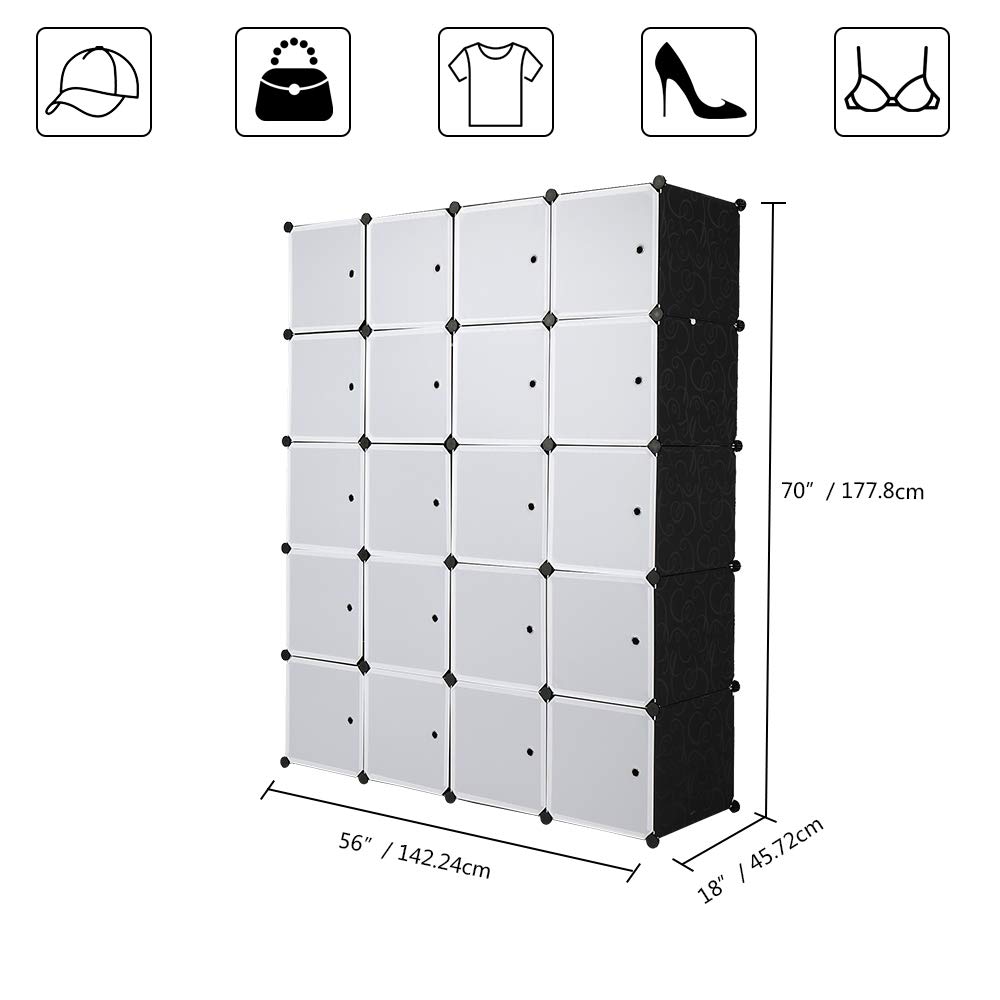 Modular Wardrobe, Portable Clothes Closet, 20 Cube Organizer Stackable Plastic Cube Storage Shelves Design Multifunctional Modular Closet Cabinet with Hanging Rod White