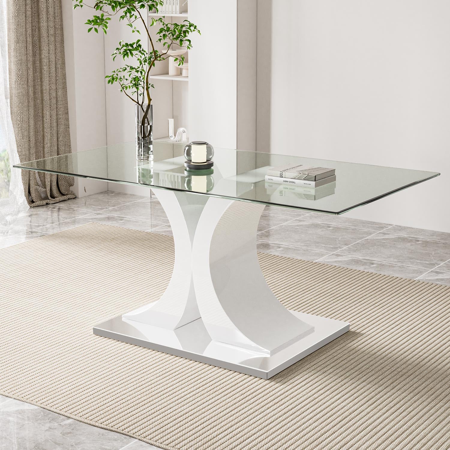 63" Glass Dining Table for 4 to 6 Modern Kitchen Table Tempered Glass Dining Room Table with Rectangular Glass Tabletop and X-Shape Pedestal Base Dining Table for Dining Room Kitchen (White)