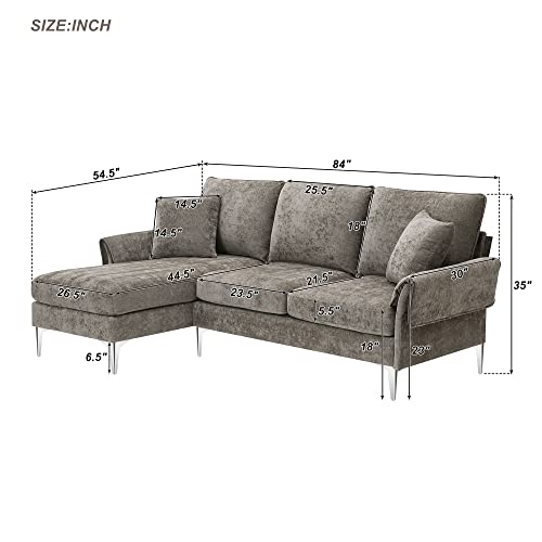 FANYE 84" L-Shaped Upholstered Corner Sectional 3 Seaters Sofa, Modern Chenille Upholstery Metal Legs Couch with Reversible Chaise and 2 Pillows for Home Apartment Office Living Room, Taupe