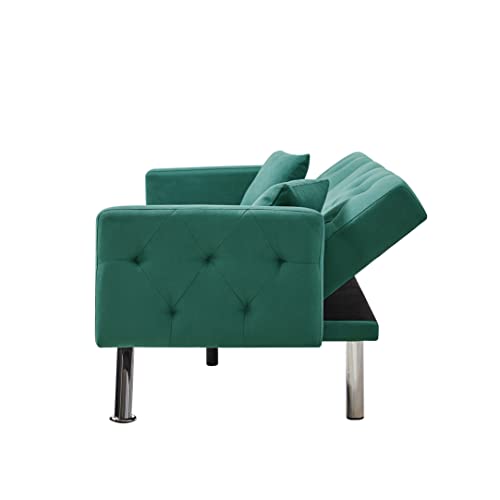 Eafurn Linen Upholstered Convertible Folding Futon Bed, Button Tufted Loveseat Compact Living Space, Apartment, Dorm, Bonus Room w/Metal Legs, 2 Cupholders,Comfy Sofa & Couches, Green 75.59"