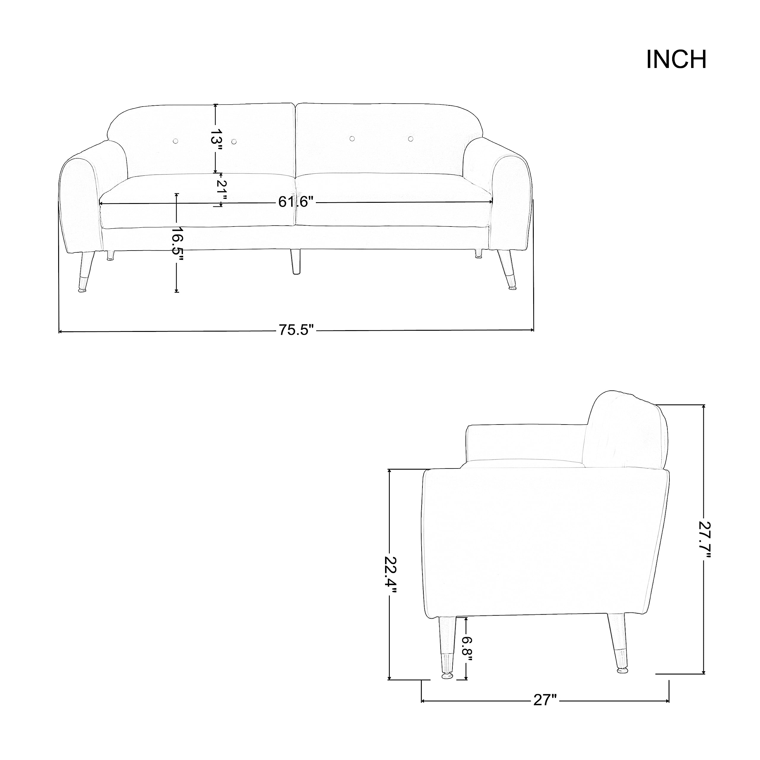 IULULU Velvet Sofa, 75 Inch Mid Century Modern Accent Couch, Upholstered Futon with Wood Legs, Beige
