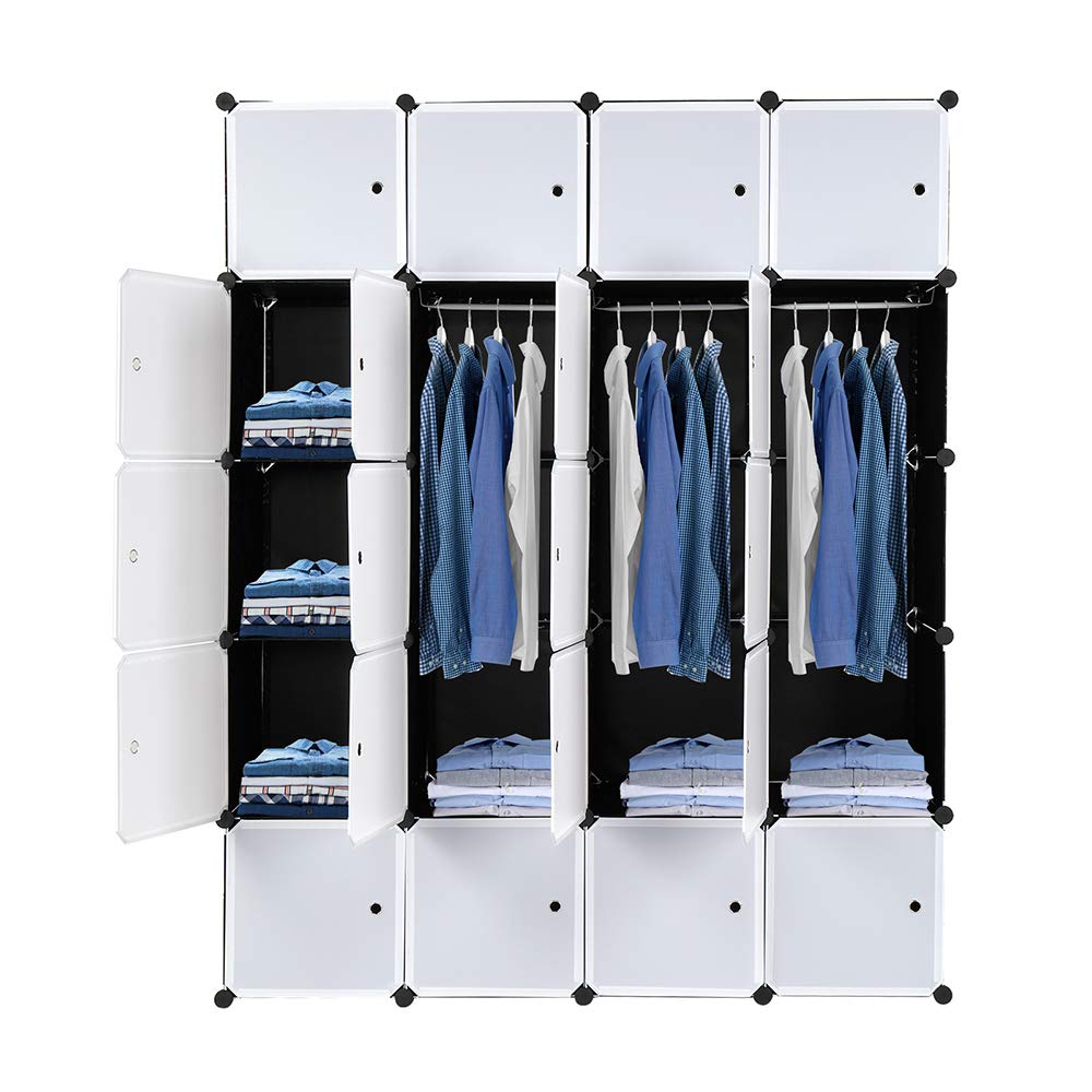Modular Wardrobe, Portable Clothes Closet, 20 Cube Organizer Stackable Plastic Cube Storage Shelves Design Multifunctional Modular Closet Cabinet with Hanging Rod White