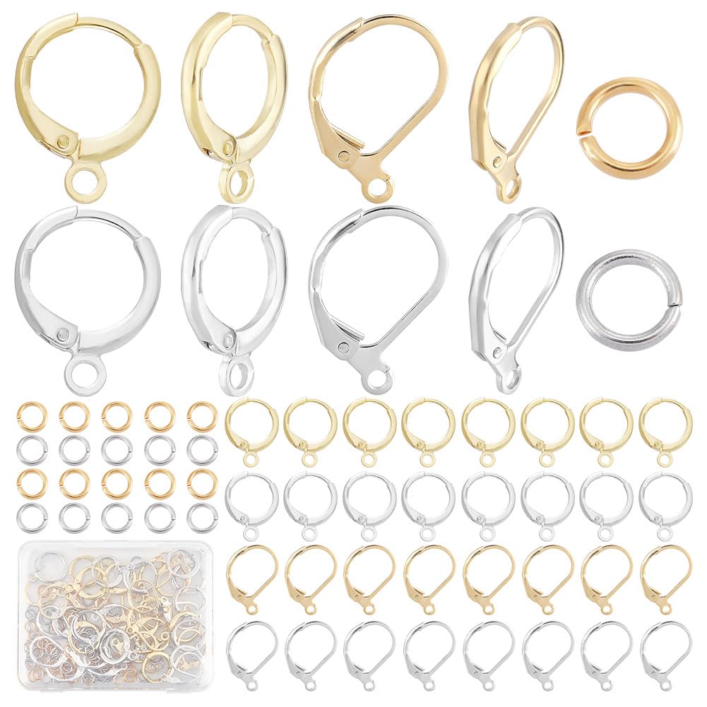 CREATCABIN 2 Colors 48Pcs Leverback Earwires Leverback Earring Hooks Kit 18k Gold Plated Sterling Silver Dangle Earwire Findings with Horizontal Loops Jump Rings for Earring Making Accessories