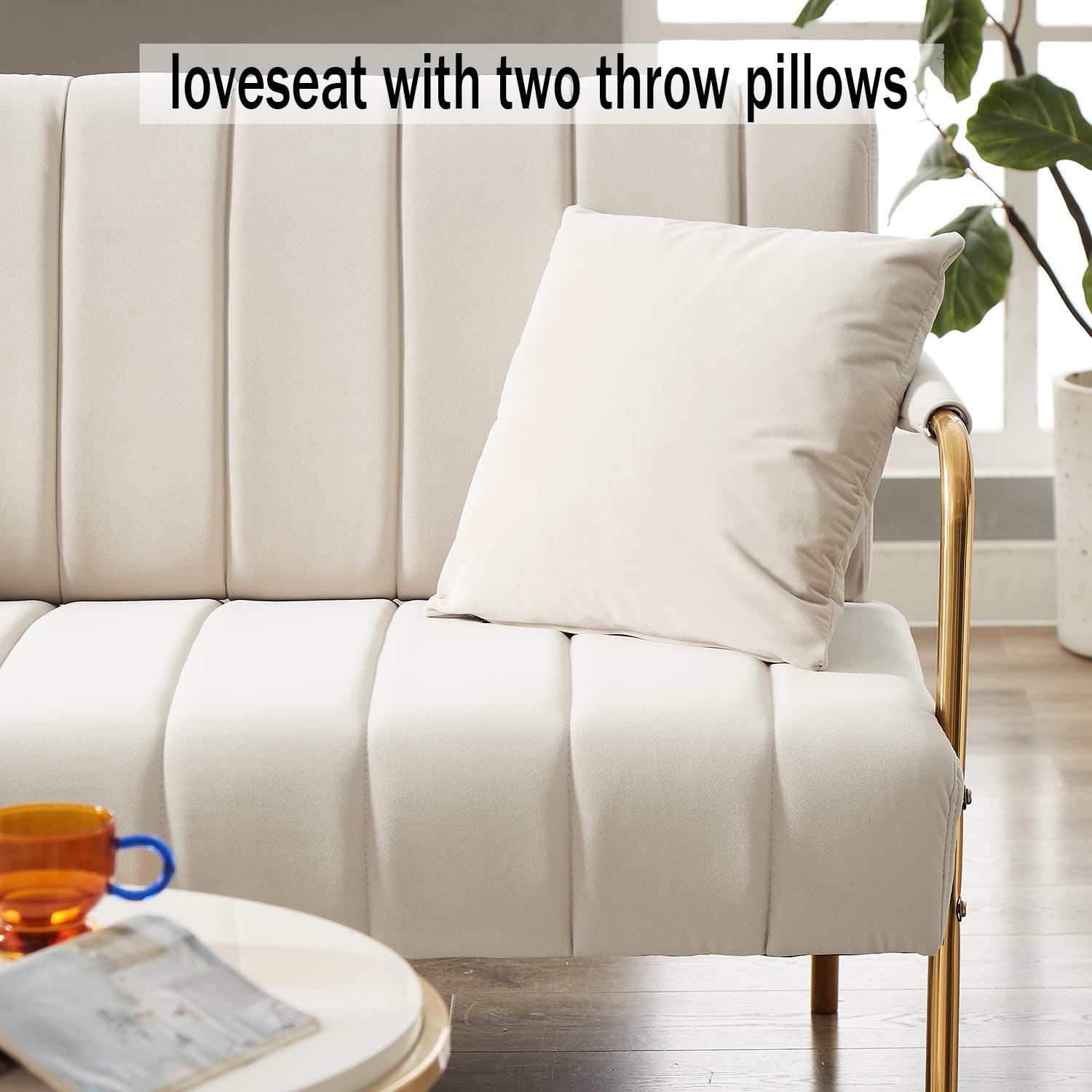 RIDFY Modern Upholstered Velvet Loveseat Sofa with 2 Pillows/Gold Metal Legs, 2 Seater Futon Sofa Couch, Cashmere Fabric Accent Mini Sofa, Living Seat for Small Spaces/Bedroom(Beige)