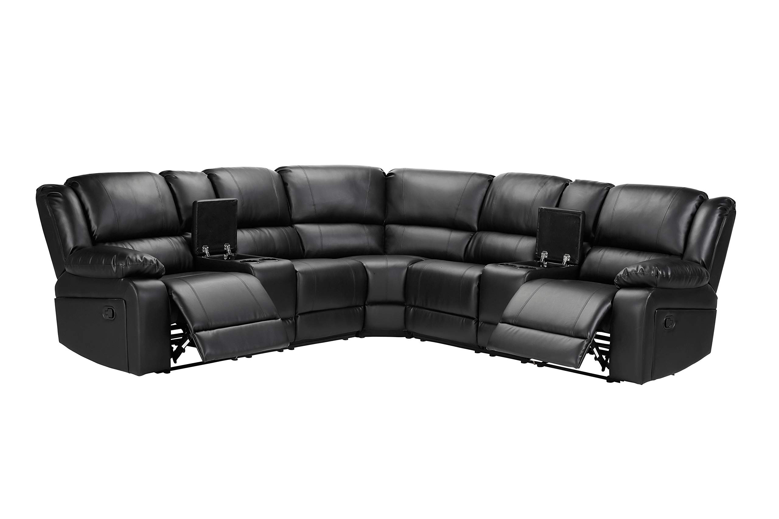 LCH Modern Upholstered L-Shape Sectional Sofa Reclining, PU Leather Extra Wide Lounge Couch with 2 Consoles,4 Cup Holders and Storage,Fabric Sofá for Living Room Apartment, Black Large