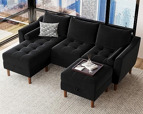 Belffin Black Velvet Fabric U Shaped Sectional Couch with Chaise Small Reversible Sectional Sofa Couch 4-Seater Sectional Sofa Sleeper with Storage Ottoman Foot Rest for Apartment