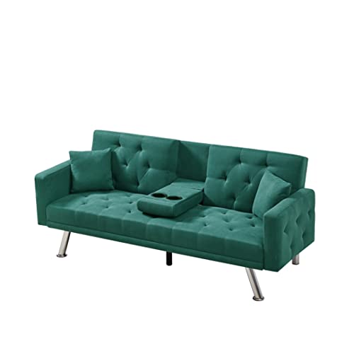 Eafurn Linen Upholstered Convertible Folding Futon Bed, Button Tufted Loveseat Compact Living Space, Apartment, Dorm, Bonus Room w/Metal Legs, 2 Cupholders,Comfy Sofa & Couches, Green 75.59"