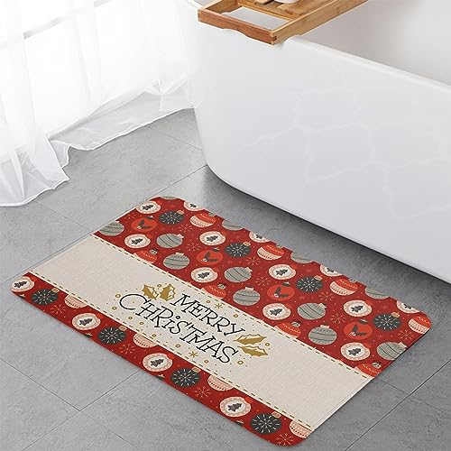 Door Mat Merry Christmas Memory Foam Cushioned Kitchen Rug, 16x24 Inch Water Absorbent Soft Touch Standing Mat for Bathroom, Office, Sink, Laundry, Home Red Grey Xmas Balls Snowflakes Tiled
