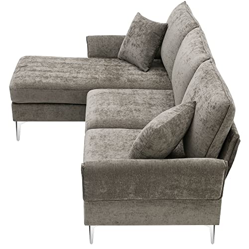 FANYE 84" L-Shaped Upholstered Corner Sectional 3 Seaters Sofa, Modern Chenille Upholstery Metal Legs Couch with Reversible Chaise and 2 Pillows for Home Apartment Office Living Room, Taupe