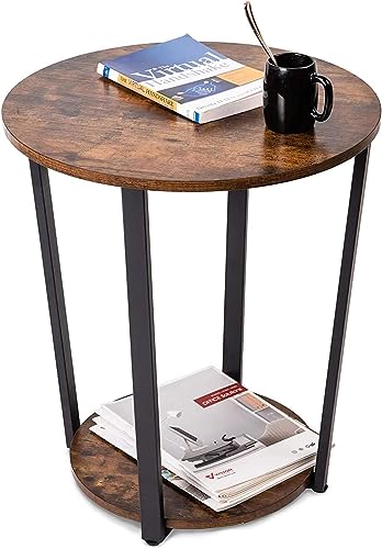 GOOD & GRACIOUS Round End Side Table with Storage Shelf for Living Room Sofa Couch End Tables with Sturdy Metal Frame Bedside Accent Table with Metal Frame for Small Spaces, Bedroom, Brown