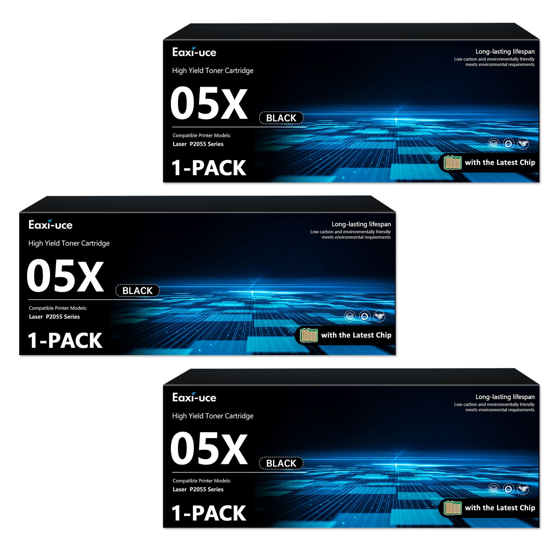 CE505X 05X Black High Yield Toner Cartridge with Chip 3 Pack, 05X Black Toner Cartridge Replacement for HP 05X CE505X Toner 05A CE505A Compatible with Laser P2055, P2055d, P2055dn, P2055x Printer