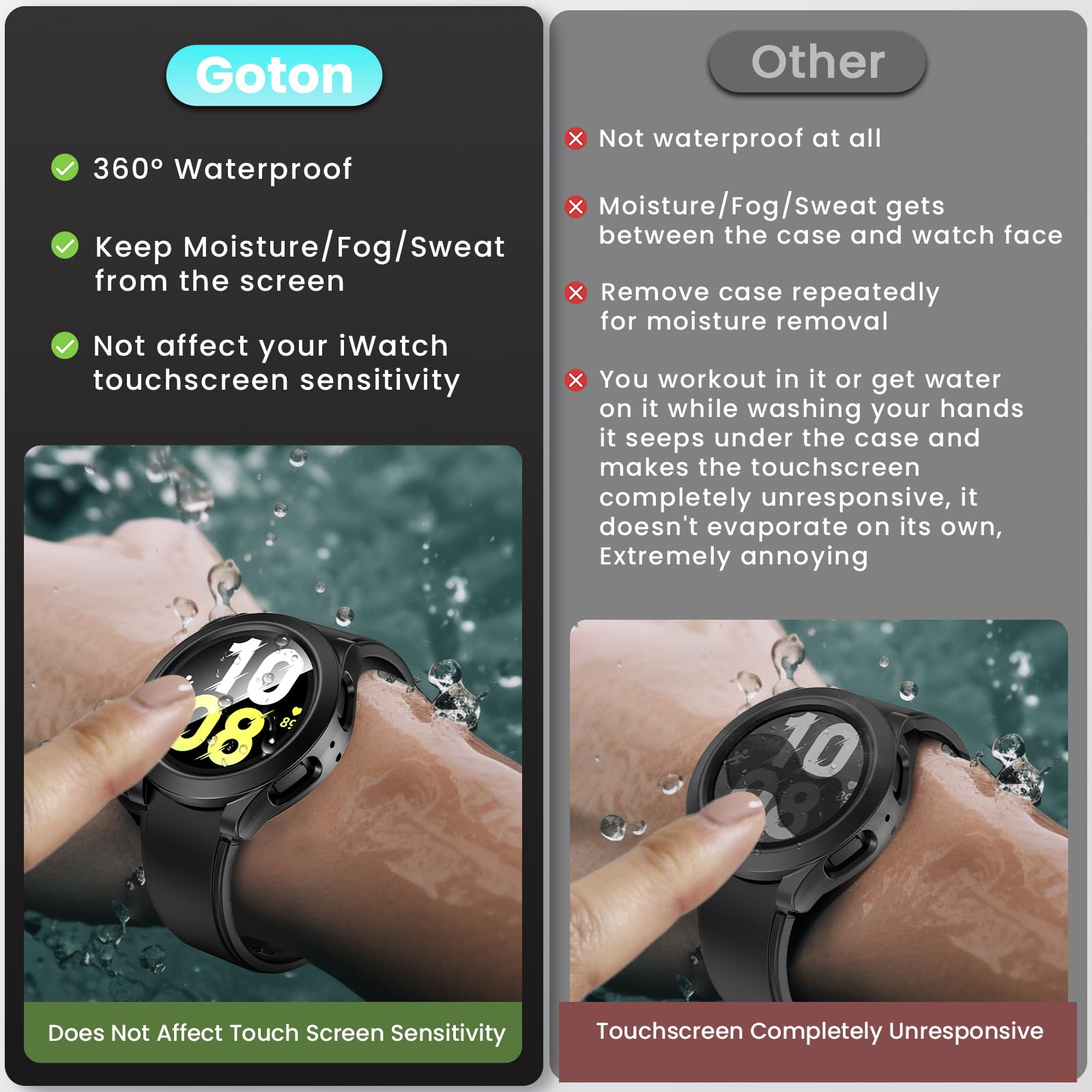 [2 in 1] Goton Waterproof Case for Samsung Galaxy Watch 5 4 44mm, 360° Protective Hard PC Front & Back Bumper with HD Tempered Glass Screen Protector for Galaxy Watch Cover Accessories, Black