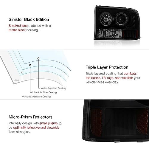 2pcs Headlight Halo Projectors Front Left Right Driver Passenger Side Smoked Lens Housing Smoke Halo Corner Headlights for Excursion for F450/F350/F250 SuperDuty FO2521141 FO2503183