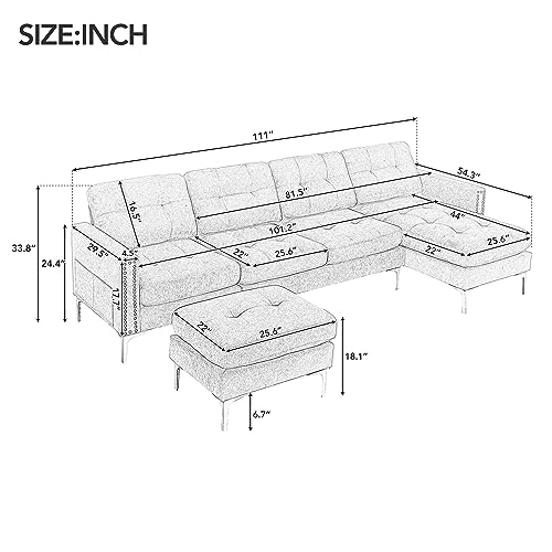 BIADNBZ 111" Modern Convertible Sectional Sofa with Movable Ottoman,U-Shaped Velvet Upholstered Couch with Chaise Lounge for Living Room,Apartment,Office,Light Gray