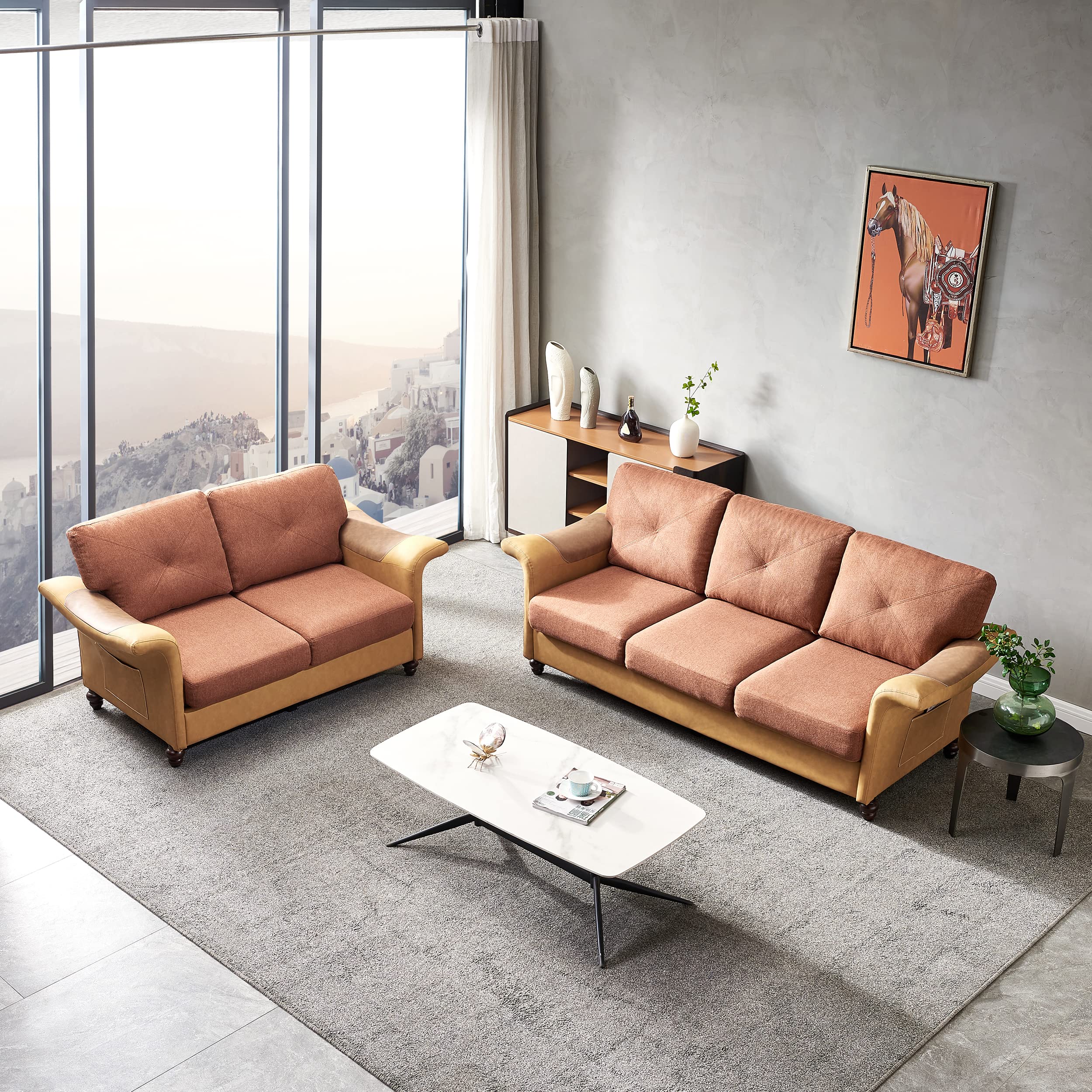 TARTOP Furniture Linen Fabric Faux Leather Solid Wood Legs Upholstered Couches Sets with 2+3-Seat Sofa, Loveseat for Living Room,Brown