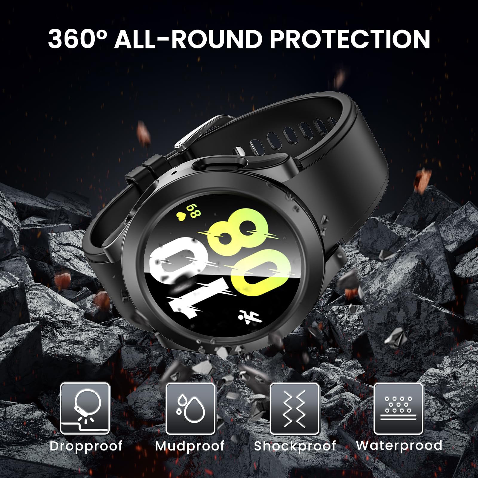 [2 in 1] Goton Waterproof Case for Samsung Galaxy Watch 5 4 44mm, 360° Protective Hard PC Front & Back Bumper with HD Tempered Glass Screen Protector for Galaxy Watch Cover Accessories, Black