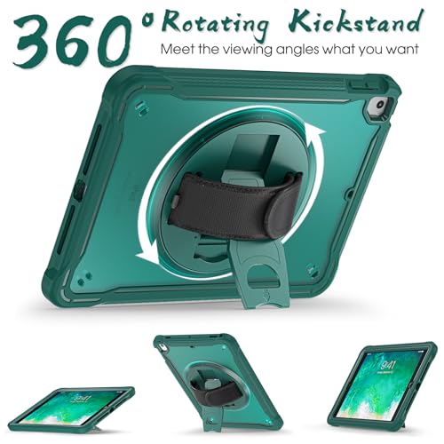BRAECNstock for iPad Case 9.7 inch iPad 6th Gen 2018/5th Gen 2017/iPad Air 2/Pro,Shockproof Cover with Kickstand&Screen Protector,Kids Case with Pen Holder/360°Rotate Stand+Hand Strap-Midnight Green
