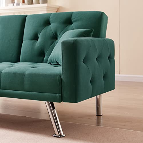 Eafurn Linen Upholstered Convertible Folding Futon Bed, Button Tufted Loveseat Compact Living Space, Apartment, Dorm, Bonus Room w/Metal Legs, 2 Cupholders,Comfy Sofa & Couches, Green 75.59"