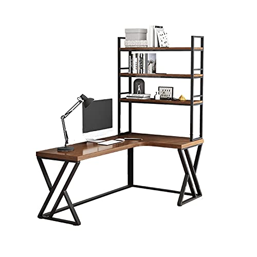 Computer Desk/Writing Desk Multifunctional L-Shaped Corner Desk Home Office Desk with 3-Layer Storage Shelves Large Monitor Stand Workstation, Rustic Brown and Black PC Table Study Table