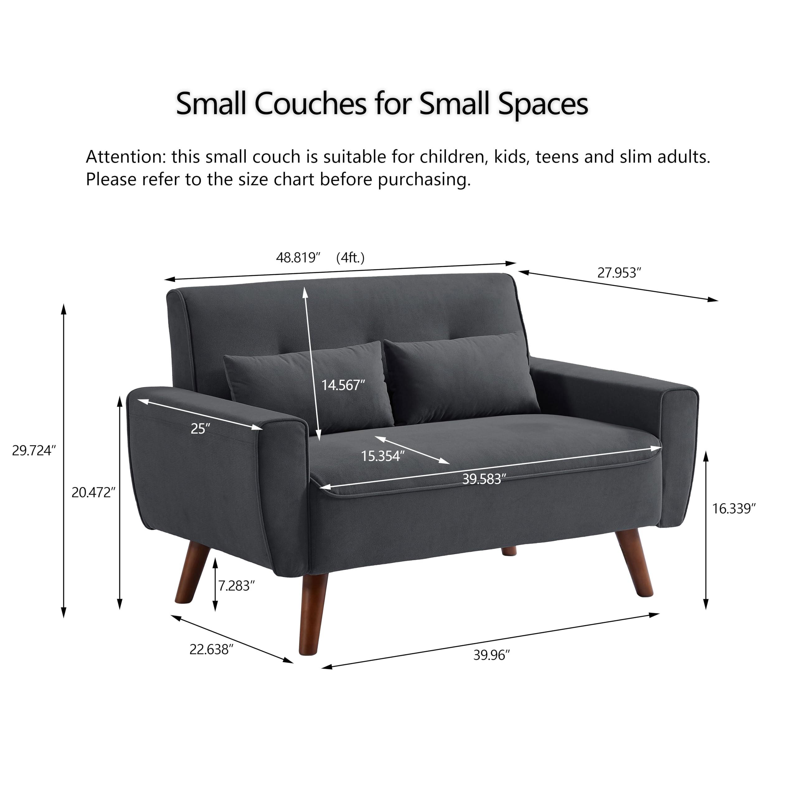 Tornama 48" Small Loveseat Sofa, Mid Century Modern Love Seat Couch, 2 Seat Tufted Couches with Throw Pillows for Living Room, Apartment, Bedroom and Small Spaces, Dark Grey