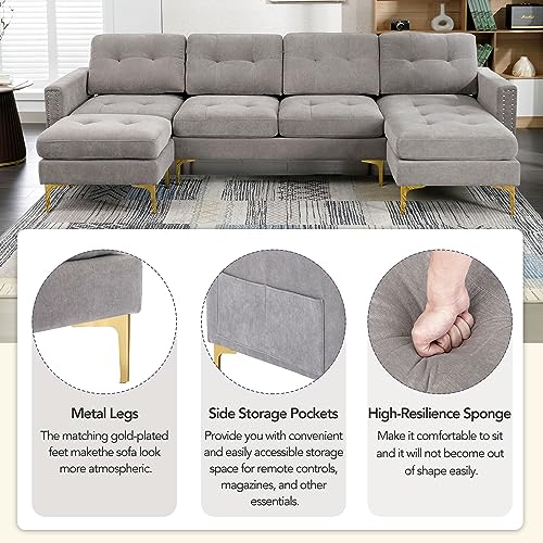 BIADNBZ 111" Modern Convertible Sectional Sofa with Movable Ottoman,U-Shaped Velvet Upholstered Couch with Chaise Lounge for Living Room,Apartment,Office,Light Gray