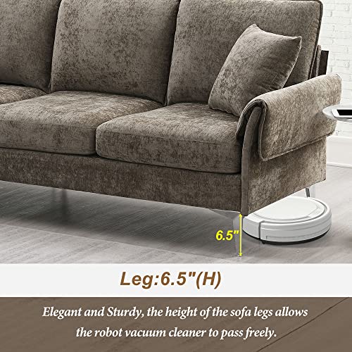 FANYE 84" L-Shaped Upholstered Corner Sectional 3 Seaters Sofa, Modern Chenille Upholstery Metal Legs Couch with Reversible Chaise and 2 Pillows for Home Apartment Office Living Room, Taupe