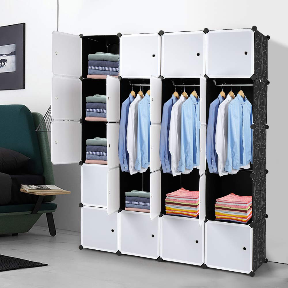 Modular Wardrobe, Portable Clothes Closet, 20 Cube Organizer Stackable Plastic Cube Storage Shelves Design Multifunctional Modular Closet Cabinet with Hanging Rod White