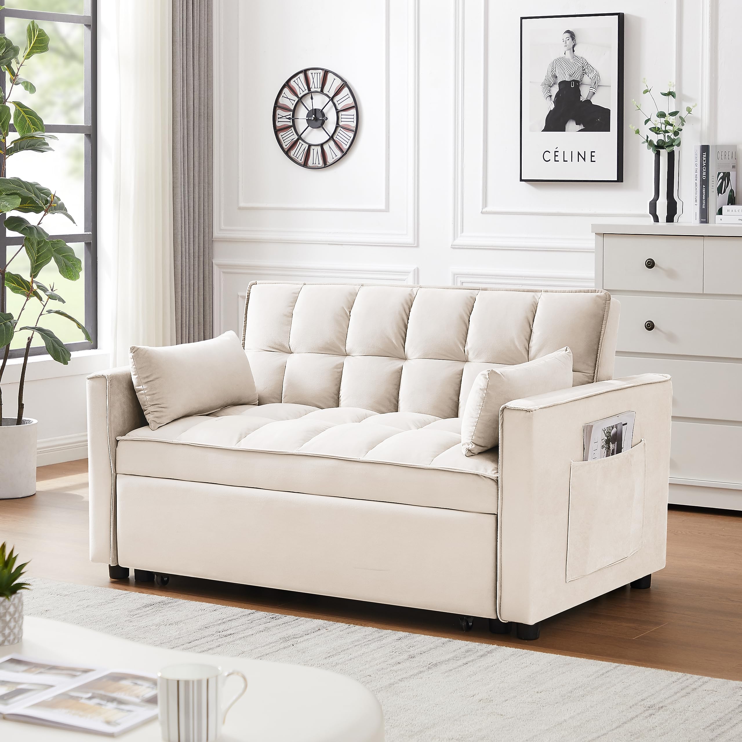 Merax 55.11" Modern 3 in 1 Velvet Convertible Sleeper Sofa Bed,Small Love Seat Lounge Sofa w/Reclining Backrest,Toss Pillows,Pockets,Loveseat Futon Sofa Couch Pullout Bed for Living Room,Beige