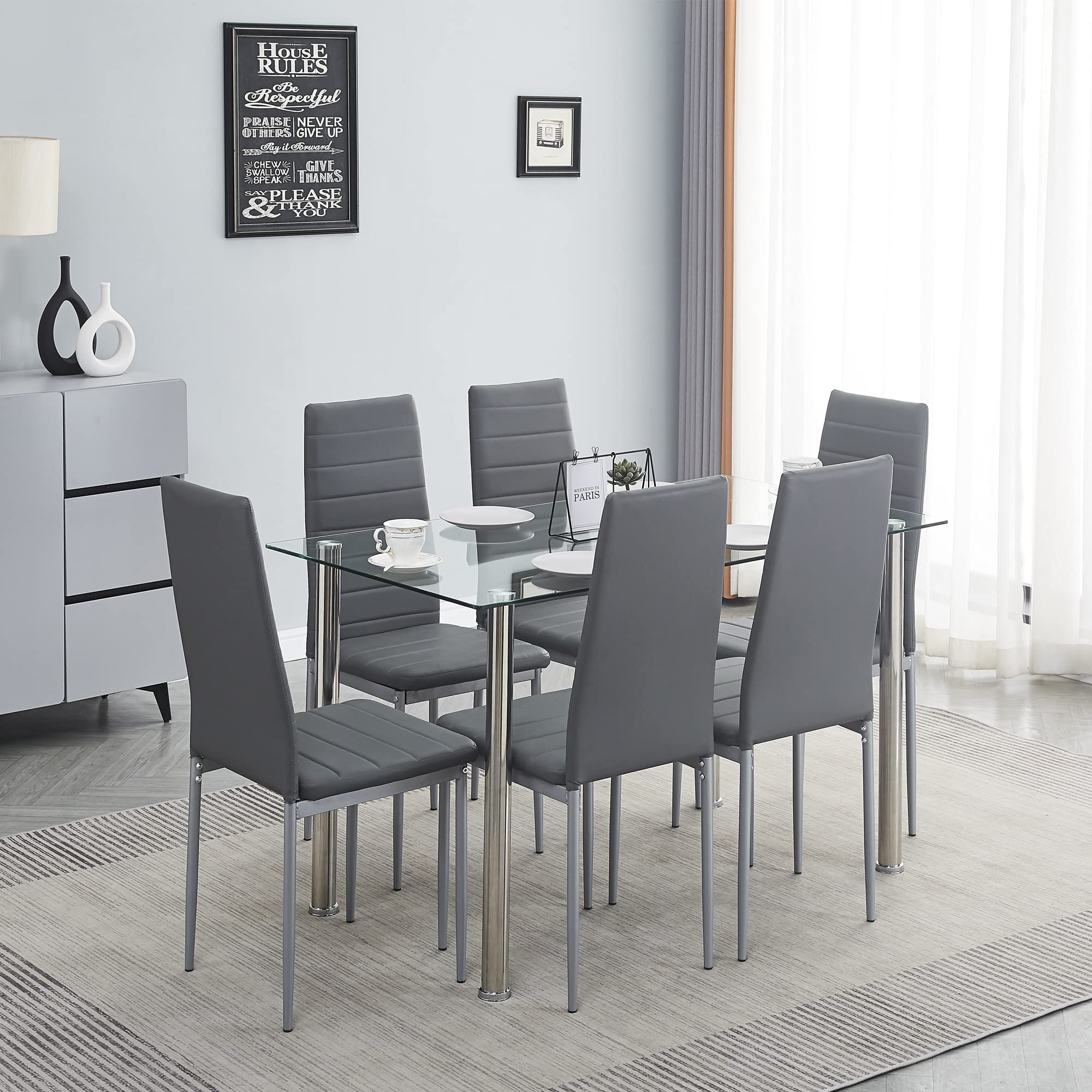 51.2" Clear Glass Dining Table for 4 People, Modern Rectangular Kitchen Table with Metal Legs
