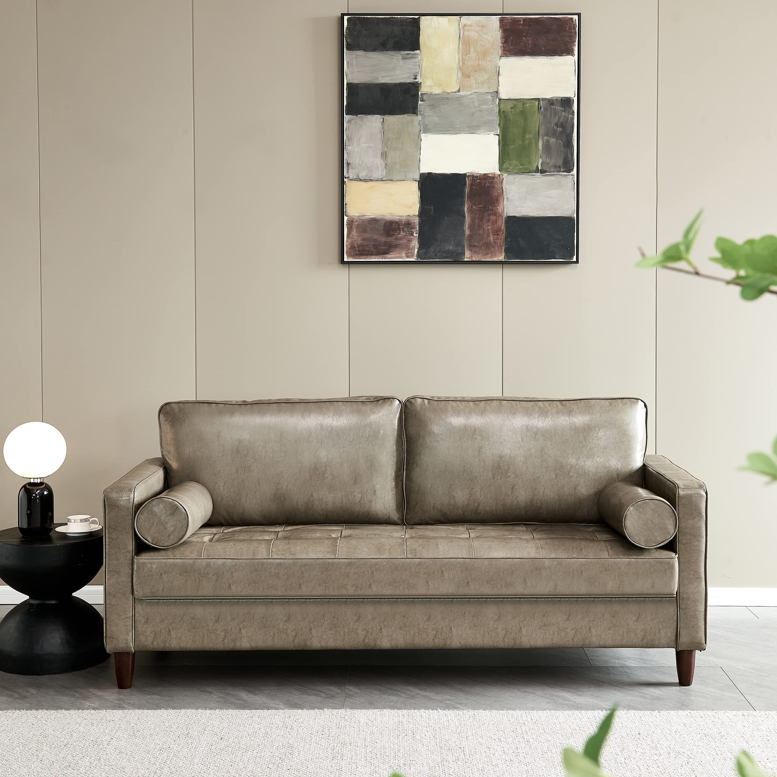 TARTOP Vegan PU Leather Living Room, Mid-Century Upholstered 3 Sofa Couch with 2 Pillows,Hidden Storage Space and Button Tufted Seat for Home or Office,Khaki