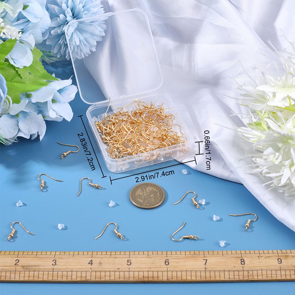 CREATCABIN 110Pcs 18K Gold Plated Earring Hooks Ear Wires Fish Hook Ball End Fish Earring Drop Dangle Coil Wires Connector Earring Findings with 220Pcs Plastic Ear Nuts for DIY Jewelry Making 19x20mm