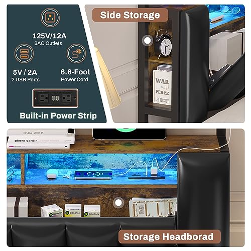 AOGLLATI Full Bed Frame with Hidden Storage Headboard,Metal Bed Frame Full Size with Charging Station and 2-Tier Storage Headboard, Full Bed with Led Lights and Metal Slats, No Box Spring Needed