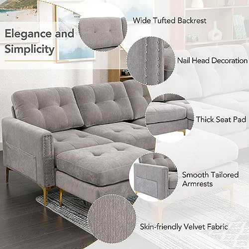 BIADNBZ 111" Modern Convertible Sectional Sofa with Movable Ottoman,U-Shaped Velvet Upholstered Couch with Chaise Lounge for Living Room,Apartment,Office,Light Gray