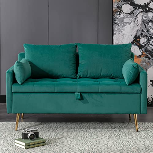 DM Furniture Mini Loveseat with Storage, Modern 53" Button Tufted Velvet Tiny Sofa Couches for Living Room/Bedroom/Office/End of Bed, Peacock Green